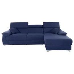 Ecksofa DOMO collection "Mira L-Form" Sofas Gr. B/H/T: 271cm x 78cm x 167cm, Struktur, Recamiere rechts, mit Kopfteilverstellung-mit Bettfunktion, blau (dunkelblau) wahlweise mit Bettfunktion und Bettkasten