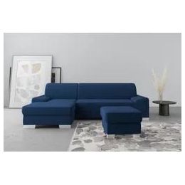 Ecksofa DOMO collection "Anzio L-Form" Sofas Gr. B/H/T: 271cm x 85cm x 160cm, Samtoptik, Recamiere links, Mit Bettfunktion-Mit Federkern, blau (marine) wahlweise mit Bettfunktion und Federkern