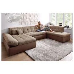 Wohnlandschaft DOMO collection "Moric U-Form auch in Cord" Sofas Gr. B/H/T: 353cm x 80cm x 95cm, Microfaser PRIMABELLE-Struktur, Recamiere links, mit Bettfunktion-mit Armlehnenverstellung, bunt (braun/beige-braun) im XXL-Format, wahlweise mit Bettfunktion und Armlehnenverstellung