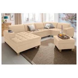 Wohnlandschaft Home Affaire "Corby U-Form" Sofas Gr. B/H/T: 333cm x 80cm x 199cm, NaturLEDER, Recamiere links, ohne Bettfunktion, beige (creme) wahlweise mit Bettfunktion, Steppung auf Sitzfläche