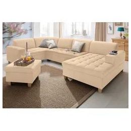 Wohnlandschaft Home Affaire "Corby U-Form" Sofas Gr. B/H/T: 333cm x 80cm x 199cm, NaturLEDER, Recamiere rechts, ohne Bettfunktion, beige (creme) wahlweise mit Bettfunktion, Steppung auf Sitzfläche