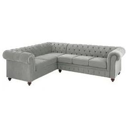 Chesterfield-Sofa Home Affaire "Duc Ecksofa L-Form" Sofas Gr. B/H/T: 255 cm x 74 cm x 214 cm, Samtoptik, langer Schenkel rechts, grau (hellgrau) hochwertige Knopfheftung im Rücken, Samtoptik mit changierender Optik