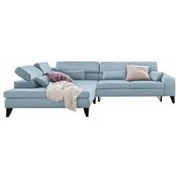 Ecksofa Gallery M BRANDED BY MUSTERRING "Felicia L-Form" Sofas Gr. B/H/T: 309cm x 69cm x 215cm, Flachgewebe FLORIS, Ottomane links, mit motorischem Sitzvorzug, blau (light floris) mit Holzfuß, wahlweise manuellem oder motorischem Sitzvorzug