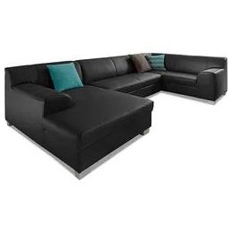 Wohnlandschaft DOMO collection "Amando U-Form" Sofas Gr. B/H/T: 332cm x 74cm x 182cm, Kunstleder SOFTLUX, Recamiere links, mit Bettfunktion, schwarz wahlweise mit Bettfunktion, frei im Raum stellbar