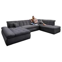 Wohnlandschaft DOMO collection "NMoric im XXL-Format, B/T/H: 353/216/80 cm, incl. Zierkissen U-Form" Sofas Gr. B/H/T: 353cm x 80cm x 216cm, Chenilleoptik, Ottomane rechts, ohne Funktion, grau wahlweise mit Bettfunktion und Armlehnenverstellung