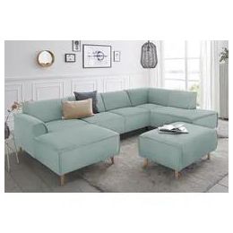 Wohnlandschaft Andas "Janek U-Form" Sofas Gr. B/H/T: 324cm x 81cm x 191cm, Struktur weich, Ottomane rechts, ohne Funktion, grün (mint) mit Federkern und Keder in scandinavischem Design