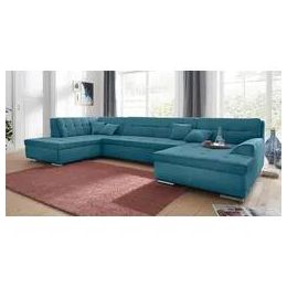 Wohnlandschaft DOMO collection "Aversa U-Form" Sofas Gr. B/H/T: 364cm x 83cm x 201cm, Luxus-Microfaser, Recamiere rechts, ohne Funktion, blau (türkis) wahlweise mit Bettfunktion, frei im Raum stellbar