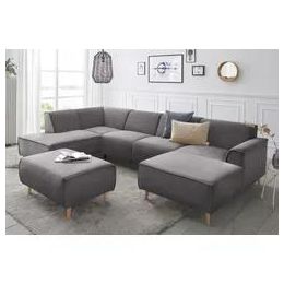 Wohnlandschaft Andas "Janek U-Form" Sofas Gr. B/H/T: 324cm x 81cm x 191cm, Struktur fein, Ottomane links, ohne Funktion, schwarz (pepper) mit Federkern und Keder in scandinavischem Design