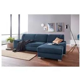 Ecksofa DOMO collection "Anzio L-Form" Sofas Gr. B/H/T: 271cm x 85cm x 160cm, Struktur fein, Recamiere rechts, Ohne Funktion-Mit Federkern, blau (dunkelblau) wahlweise mit Bettfunktion und Federkern