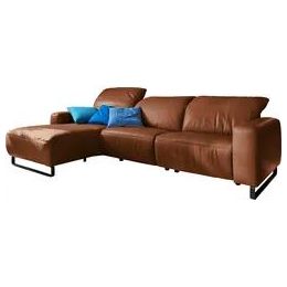 Ecksofa Home Affaire "Juist L-Form" Sofas Gr. B/H/T: 290 cm x 85 cm x 180 cm, NaturLEDER, Recamiere links, ohne Relaxfunktion, braun (cognac) mit Kopfteilverstellung und schwarzen Metallkufen