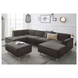 Wohnlandschaft Andas "Janek U-Form" Sofas Gr. B/H/T: 324cm x 81cm x 191cm, Struktur fein, Ottomane links, ohne Funktion, grau (stone) mit Federkern und Keder in scandinavischem Design