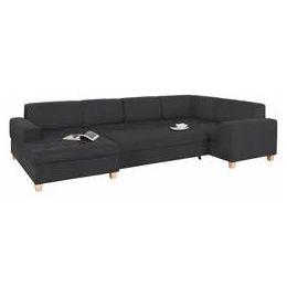 Wohnlandschaft Home Affaire "Corby U-Form" Sofas Gr. B/H/T: 333cm x 80cm x 199cm, NaturLEDER, Recamiere links, mit Bettfunktion-mit Bettkasten, schwarz wahlweise mit Bettfunktion, Steppung auf Sitzfläche