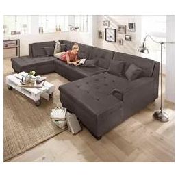 Wohnlandschaft Home Affaire "Bergen U-Form" Sofas Gr. B/H/T: 364cm x 83cm x 106cm, Microfaser PRIMABELLE, Ottomane links, ohne Bettfunktion, grau wahlweise mit Bettfunktion