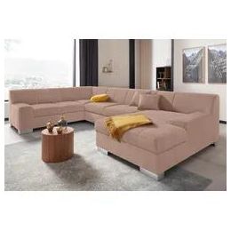 Wohnlandschaft DOMO collection "Bero U-Form" Sofas Gr. B/H/T: 328cm x 74cm x 212cm, Luxus-Microfaser, Recamiere rechts, mit Bettfunktion, beige wahlweise mit Bettfunktion