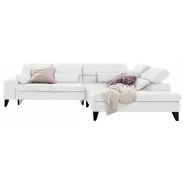 Ecksofa Gallery M BRANDED BY MUSTERRING "Felicia L-Form" Sofas Gr. B/H/T: 309cm x 69cm x 215cm, Leder BAX, Ottomane rechts, mit manuellem Sitzvorzug, weiß (snow bax) mit Holzfuß, wahlweise manuellem oder motorischem Sitzvorzug