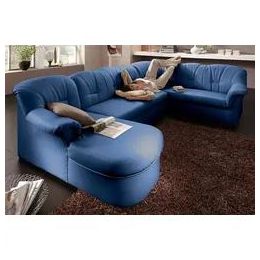 Wohnlandschaft DOMO collection "Papenburg U-Form" Sofas Gr. B/H/T: 297 cm x 84 cm x 180 cm, Microfaser PRIMABELLE, Recamiere links, mit Bettfunktion, blau in großer Farbvielfalt, wahlweise mit Bettfunktion