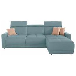 Ecksofa DOMO collection "Ava L-Form", blau (aqua), B:262cm H:84cm T:167cm, Kunstleder SOFTLUX, Struktur fein (100% Polyester), Zierkissen: Microfaser PRIMABELLE (100% Polyester), Struktur (100% Polyester), Microfaser PRIMABELLE (100% Polyester), Sofas, mit Recamiere, Federkern wahlweise mit Kopfteilverstellungen