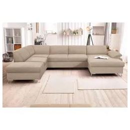 Wohnlandschaft DOMO collection "Santana U-Form" Sofas Gr. B/H/T: 352cm x 79cm x 90cm, Microfaser PRIMABELLE, Recamiere rechts, mit Bettfunktion-ohne Federkern, beige wahlweise mit Bettfunktion