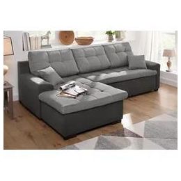 Ecksofa Home Affaire "Föhr L-Form" Sofas Gr. B/H/T: 247 cm x 75 cm x 150 cm, Microfaser PRIMABELLE-Webstoff, Recamiere links, mit Bettfunktion, grau (hellgrau) wahlweise mit Bettfunktion