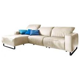 Ecksofa Home Affaire "Juist L-Form" Sofas Gr. B/H/T: 290cm x 85cm x 180cm, NaturLEDER, Recamiere links, mit motorischer Relaxfunktion, beige mit Kopfteilverstellung und schwarzen Metallkufen