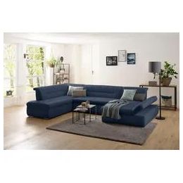 Wohnlandschaft Inosign "Avesa U-Form" Sofas Gr. B/H/T: 355 cm x 80 cm x 216 cm, Struktur fein, Longchair rechts, mit Armteilverstellung-mit Schlaffunktion, blau (dunkelblau) Wahlweise mit Armteilverstellung und Bettfunktion, BTH: 35521680cm