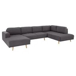 Wohnlandschaft Home Affaire "Lasse U-Form" Sofas Gr. B/H/T: 355cm x 84cm x 203cm, Struktur fein, Ottomane rechts, grau (anthrazit) im scandinavischem Stil mit Holzfüßen