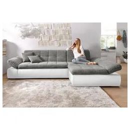 Ecksofa DOMO collection "Moric B/T/H 300/172/80 cm, auch in Cord, L-Form" Sofas Gr. B/H/T: 300cm x 80cm x 172cm, Kunstleder SOFTLUX-Struktur, Recamiere rechts, mit Bettfunktion-mit Armlehnenverstellung, grau (weiß/weiß-grau) XXL-Format, wahlweise auch mit Bettfunktion und Armverstellung