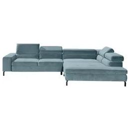 Ecksofa Gallery M BRANDED BY MUSTERRING "Felicia Due L-Form" Sofas Gr. B/H/T: 312cm x 72cm x 216cm, Velours, mega-Recamiere rechts, mit Sitzvorzug motorisch, blau (light blue) Wahlweise mit Sitzvorzug, inkl. Kopfteilverstellung, Sitzhöhe 43 cm