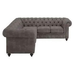 Chesterfield-Sofa Home Affaire "Chesterfield Ecksofa, auch in Leder L-Form" Sofas Gr. B/H/T: 250cm x 74cm x 210cm, Luxus-Microfaser Lederoptik, langer Schenkel links, braun (dunkelbraun) hochwertige Knopfheftung, langer Schenkel links oder rechts wählbar