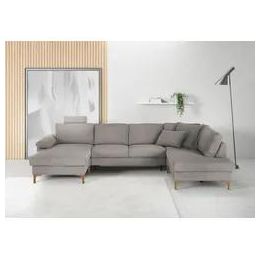 Wohnlandschaft 3C Candy "Lecce, wahlweise PUR-Schaumstoff oder Tonnentaschenfederkern U-Form" Sofas Gr. B/H/T: 339cm x 86cm x 220cm, Feincord, Longchair links, Sitzaufbau PUR-Schaumstoff, grau Bettkasten in Umbauecke und Longchair, sowie Querschläfer im 2-Sitzer