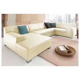 Wohnlandschaft DOMO collection "Amando U-Form" Sofas Gr. B/H/T: 332cm x 74cm x 182cm, Kunstleder SOFTLUX, Recamiere links, mit Bettfunktion, beige (creme) wahlweise mit Bettfunktion, frei im Raum stellbar