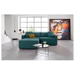 Ecksofa Inosign "Marva 3tlg. L-Form" Sofas Gr. B/H/T: 220cm x 89cm x 180cm, Struktur fein, blau (petrol) beide Armlehnelemente ausziehbar für Bettfunktion, mit Bettkasten