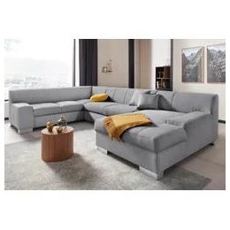 Wohnlandschaft DOMO collection "Bero U-Form" Sofas Gr. B/H/T: 328cm x 74cm x 212cm, Feinstruktur, Recamiere rechts, mit Bettfunktion, grau (mittelgrau) wahlweise mit Bettfunktion