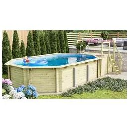 Achteckpool Karibu "PALMA Set C BxLxH: 358x569x124 cm, mit Sonnendeck und Eck-Terrasse" Schwimmbecken Gr. Ø/B/H/L: 569cm x Breite 358cm x Höhe 124cm x Länge 569cm, 19500 l, braun 38 mm starkes kesseldruckimprägniertes Fichtenholz