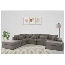 Wohnlandschaft RAUM.ID "Florid U-Form" Sofas Gr. B/H/T: 360cm x 75cm x 260cm, Struktur fein, Ottomane rechts, beige (natur) 6 Teile, bestehend aus Modulen, viele Bezugsqualitäten, auch in Cord