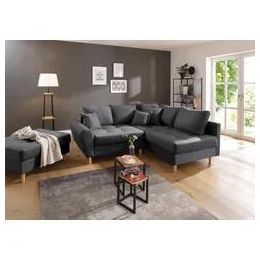 Ecksofa Home Affaire "Rice L-Form" Sofas Gr. B/H/T: 223cm x 47cm x 184cm, Samt, Ottomane beidseitig montierbar, grau (anthrazit) mit Bonnellfederkern, Hocker & Kissen, Ottomane beidseitig montierbar