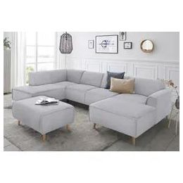 Wohnlandschaft Andas "Janek U-Form" Sofas Gr. B/H/T: 324cm x 81cm x 191cm, Struktur weich, Ottomane links, ohne Funktion, grau (hellgrau) mit Federkern und Keder in scandinavischem Design