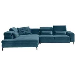 Ecksofa Gallery M BRANDED BY MUSTERRING "Felicia Due L-Form" Sofas Gr. B/H/T: 312cm x 72cm x 216cm, Velours, mega-Recamiere links, mit Sitzvorzug motorisch, blau (blue grey) Wahlweise mit Sitzvorzug, inkl. Kopfteilverstellung, Sitzhöhe 43 cm