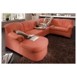 Wohnlandschaft DOMO collection "Papenburg U-Form" Sofas Gr. B/H/T: 297cm x 84cm x 180cm, Microfaser PRIMABELLE, Recamiere links, ohne Bettfunktion, orange (terrakotta) in großer Farbvielfalt, wahlweise mit Bettfunktion