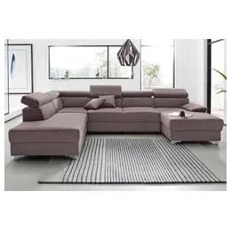 Wohnlandschaft DOMO collection "Mira U-Form" Sofas Gr. B/H/T: 337cm x 78cm x 230cm, Struktur fein, Recamiere rechts, mit Kopfteilverstellung-mit Bettfunktion, grau (taupe) wahlweise mit Bettfunktion und Bettkasten