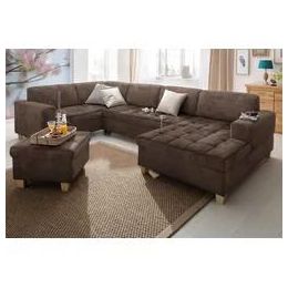 Wohnlandschaft Home Affaire "Corby U-Form" Sofas Gr. B/H/T: 333cm x 80cm x 199cm, Microfaser MELROSE, Recamiere rechts, ohne Bettfunktion, braun wahlweise mit Bettfunktion, Steppung auf Sitzfläche