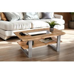 Couchtisch mit Glaseinsatz Baumkante massiv Akazie natur 115x65 cm silber PATRICK