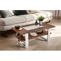 Couchtisch mit Glaseinsatz Baumkante massiv Akazie nussbaum 115x65 cm silber PATRICK