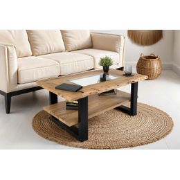 Couchtisch mit Glaseinsatz Baumkante massiv Akazie natur 115x65 cm schwarz PATRICK