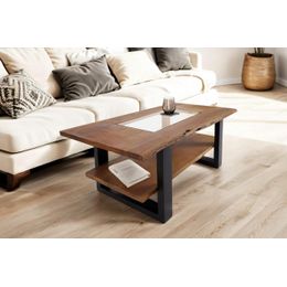 Couchtisch mit Glaseinsatz Baumkante massiv Akazie nussbaum 115x65 cm schwarz PATRICK