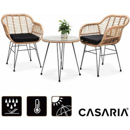 Casaria Gartenmöbel mit Tisch 2 Stühle Auflagen Rattan- Optik 3 teilig Sicherheitsglas Wetterfest Outdoor Klein Terrasse Balkon Bistro Möbel Lounge Set
