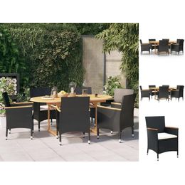 vidaXL Garten-Essgruppe 7-tlg Garten-Essgruppe mit Kissen Schwarz Polyrattan Sessel mit Holz-T