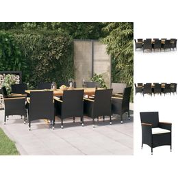 vidaXL Garten-Essgruppe 11-tlg Garten-Essgruppe mit Kissen Schwarz Polyrattan Sessel mit Holz-