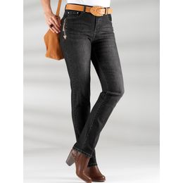 WITT Damen 5-Pocket-Jeans mit Rei&szlig;verschluss und Lederimitat-Anh&auml;nger, black-denim, Gr&ouml;&szlig;e 36