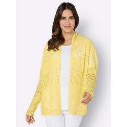 WITT Damen Ajourstrickjacke in langer, offener Form, zitrone, Gr&ouml;&szlig;e 52